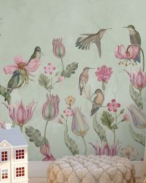 Tulips & Birds, Mint Floral Wallpaper - Eco Friendly