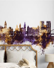 Pamplona Spain Skyline Purple & Gold Wallpaper - Custom Fit
