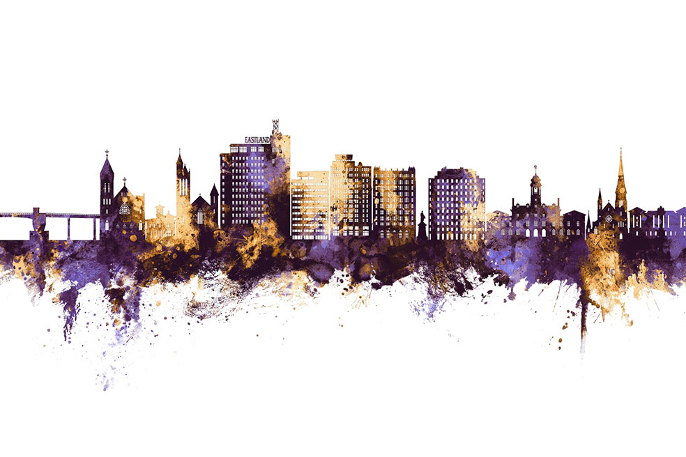 Portland Maine Skyline Purple & Gold Wallpaper - Custom Fit
