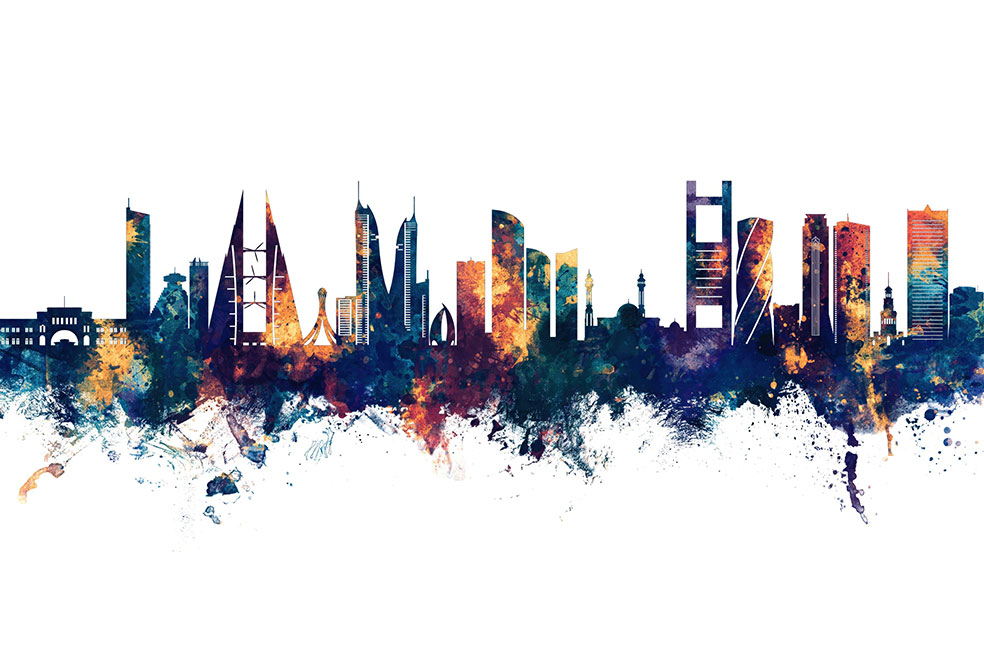 Manama Skyline Blue & Bronze Wallpaper - Custom Fit