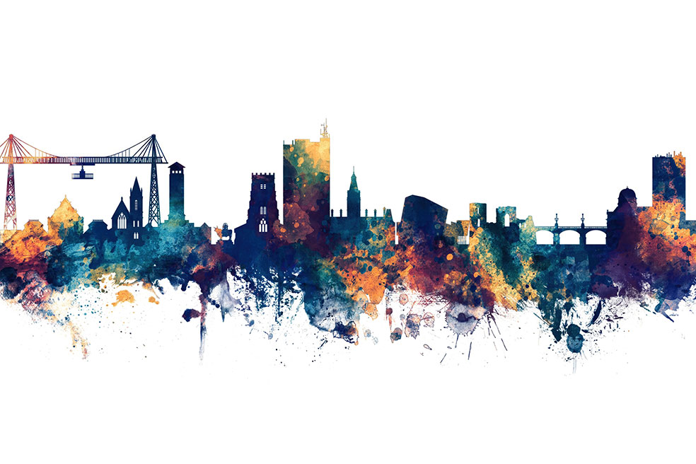 Newport Wales Skyline Blue & Bronze Wallpaper - Custom Fit