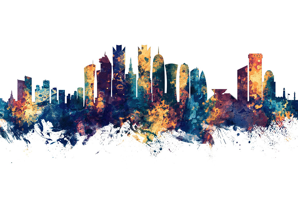 Doha Qatar Skyline Blue & Bronze Peel and Stick Wallpaper for Living ...