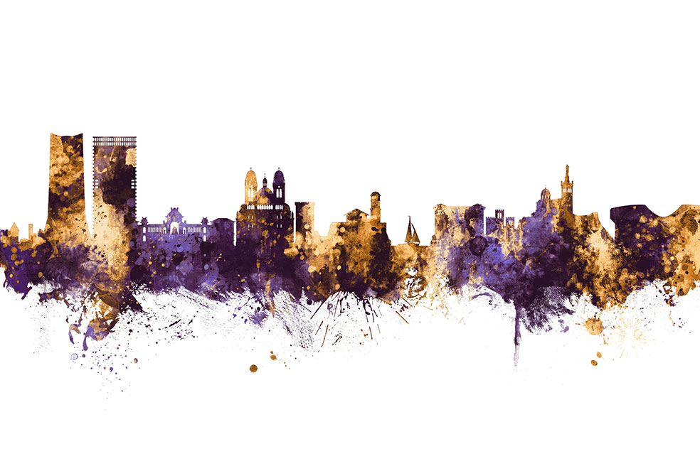 Marseille France Skyline Purple & Gold Peel and Stick Wallpaper for ...