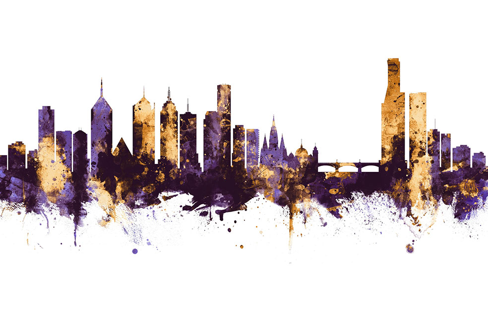 Melbourne Australia Skyline Purple & Gold Peel and Stick Wallpaper for ...