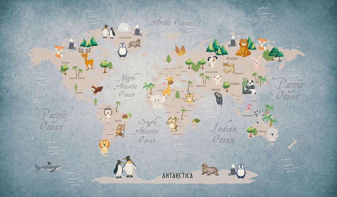 Cute Animals World Map Peel and Stick Wallpaper for Living Room, Bedroom