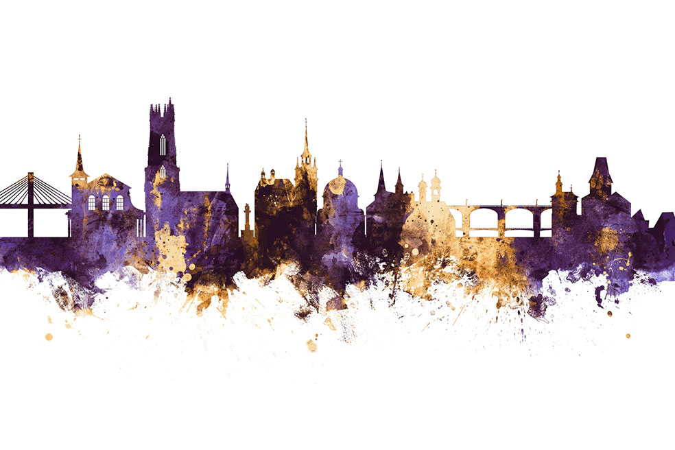 Fribourg Switzerland Skyline Purple & Gold Wallpaper