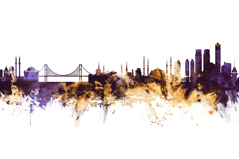 Istanbul Turkey Skyline Purple & Gold Wallpaper